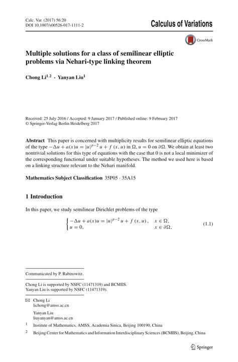 Pdf Multiple Solutions For A Class Of Semilinear Elliptic Problems