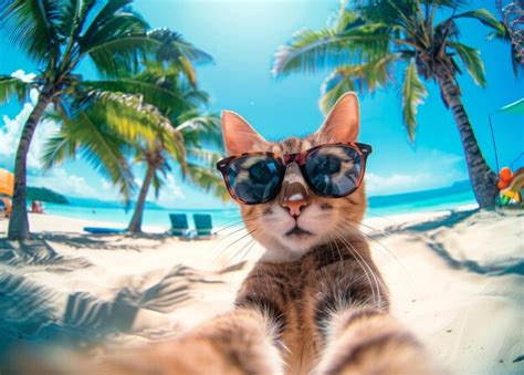 Cat Wearing Sunglasses On A Sunny Tropical Beach With Palm Trees