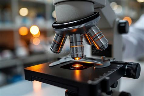 Laboratory Technician Inspects Bacteria Samples Under Microscope In Modern Lab Setting Stock