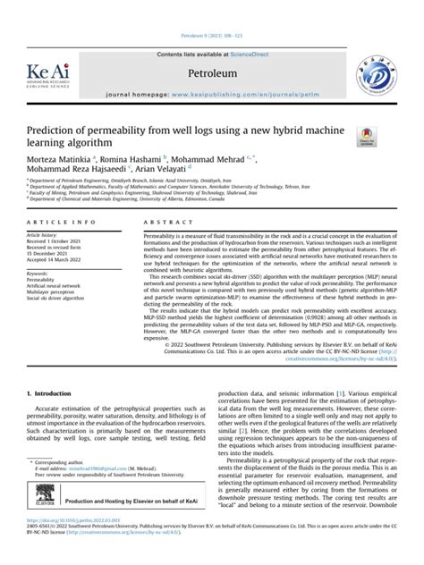 Prediction Of Permeability From Well Logs Using A New Hybrid Machine Learning Algorithm Pdf