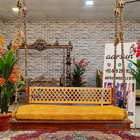 Ceiling Swing Seat With Brass Chain Modern Design Wood Jhula