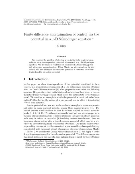 Pdf Finite Difference Approximation Of Control Via The Potential In 1 D Schrödinger Equation