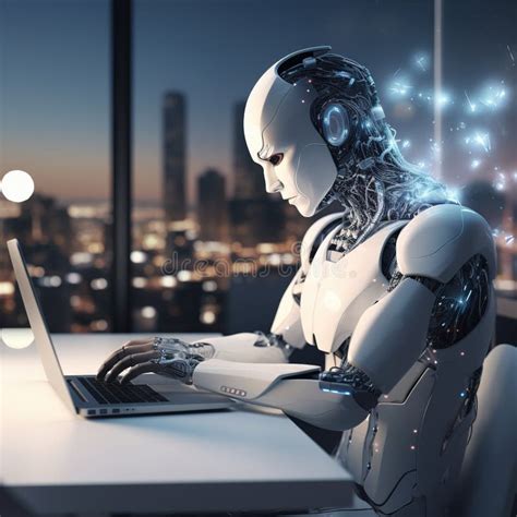 Ai Cyborg Android Robot Working With Laptop In Office Artificial Intelligence Generative Ai