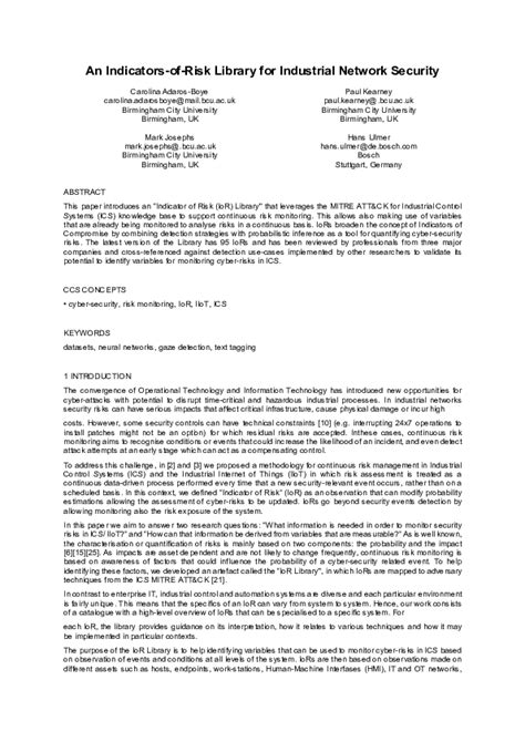 Pdf An Indicators Of Risk Library For Industrial Network Security
