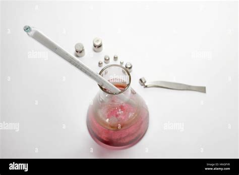 High Precision Thermometer Lowered Into Laboratory Flask With Potassum Permanganate Lab