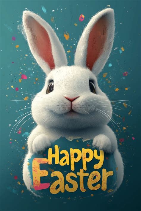 Cute White Easter Bunny Holding A Happy Easter Sign With Colorful