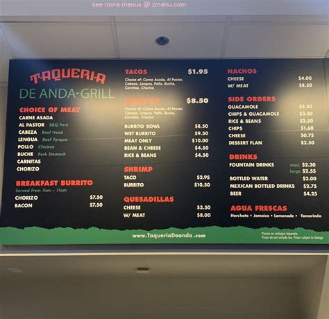 Menu At Taqueria De Anda Grill Restaurant Mission Viejo