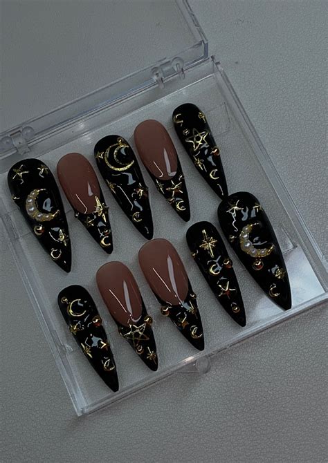 Celestial Star And Moon Press‑on Nails Black Moon And Star Celestial