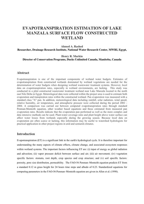 Pdf Evapotranspiration Estimation Of Lake Manzala Surface Flow Constructed Wetland