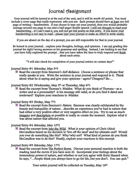 Journal Assignment Emerson Thoreau Into The Wild