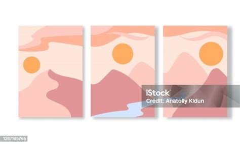 사막 산 태양 지구 색조 탄 오렌지 테라코타 색상과 추상적 인 현대 미학 배경 보호 벽 장식 미드 센추리 모던 미니멀리스트 아트 프린트 유기 형상 벡터 0명에 대한 스톡