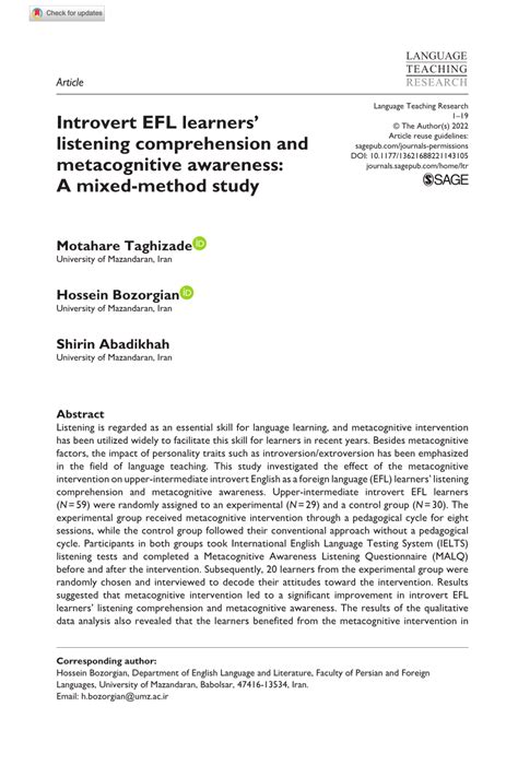 pdf introvert efl learners listening comprehension and metacognitive