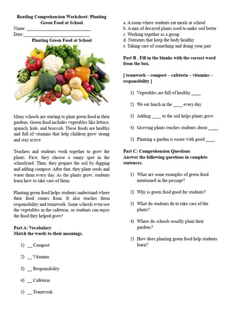 Planting Green Food At School Worksheet Pdf Foods Vegetables
