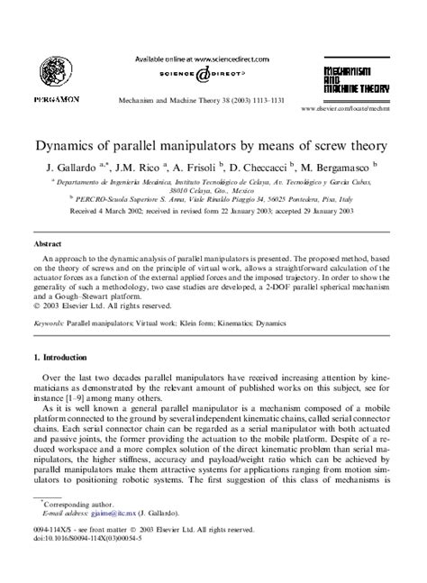 Pdf Dynamics Of Parallel Manipulators By Means Of Screw Theory