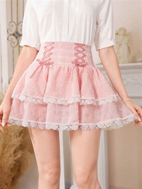 Romwe Kawaii Lace Up Front Lace Trim Skirt Shein Usa
