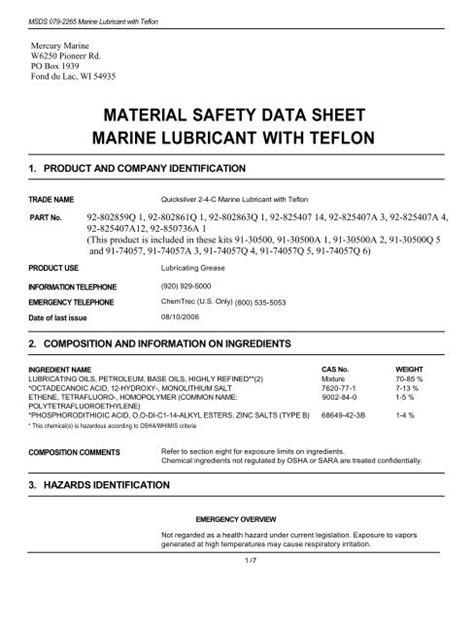 Material Safety Data Sheet Marine Lubricant With Teflon Technokats