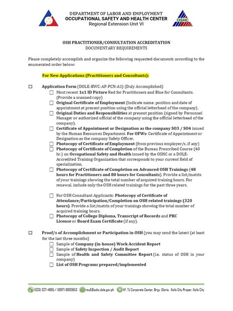 Osh Practitioner And Consultant Documentary Checklist Pdf