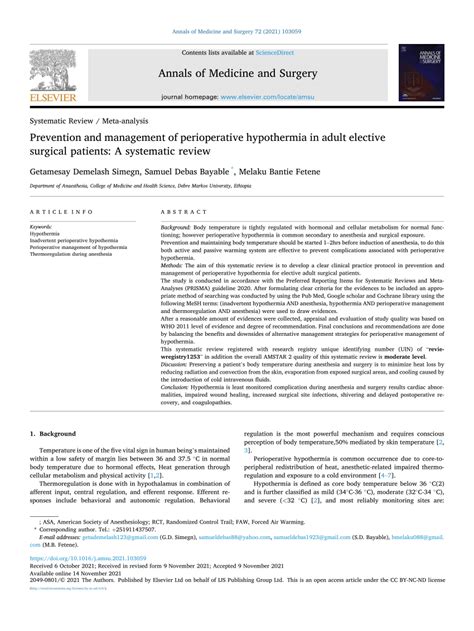 Pdf Prevention And Management Of Perioperative Hypothermia In Adult Elective Surgical Patients