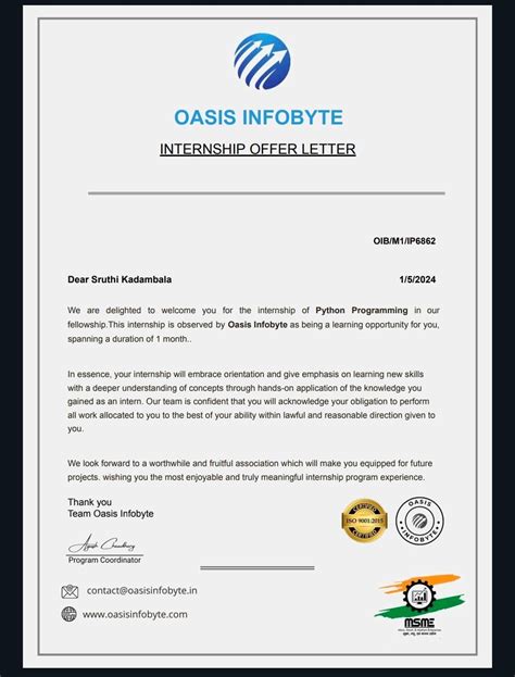 Sruthi Kadambala On Linkedin Oasis Infobyteinternshipofferletterpythonprogrammingoasis