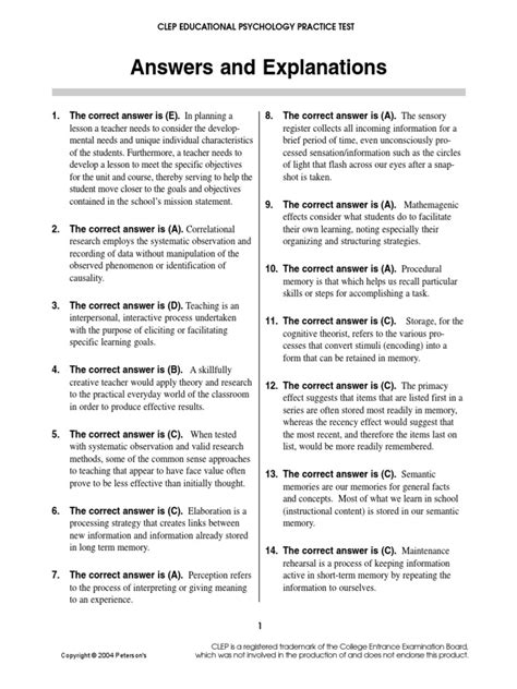 Answers And Explanations Clep Educational Psychology Practice Test Pdf Reinforcement