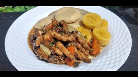 Brown Stewed Chicken Foot With Boild Green Banana Dumplings And Turn Plantain Cooking Food