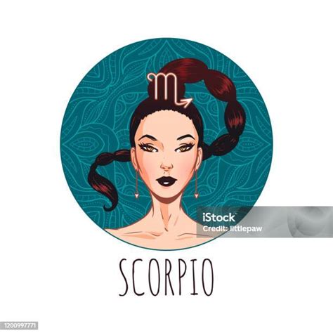 전갈 자리 조디악 기호 작품 아름다운 소녀 얼굴 별자리 기호 별 표기 벡터 일러스트 전갈자리에 대한 스톡 벡터 아트 및 기타