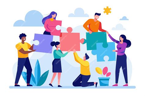 Premium Vector A Group Of People Working Together To Connect Puzzle