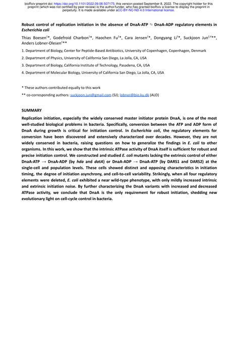 Pdf Robust Control Of Replication Initiation In The Absence Of Dnaa