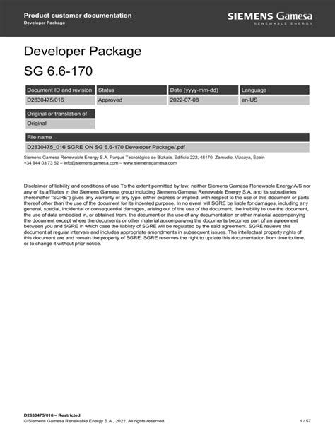 Sg 66 170 Wind Turbine Developer Package Technical Specs