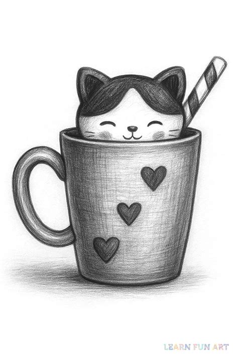 How To Draw A Cute Cat In A Cup Cute Drawings Mug Drawing Drawing