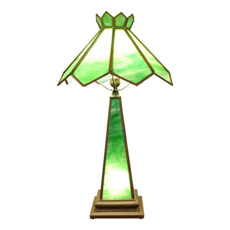 Leaded Glass And Brass Mission Style Table Lamp Early 20th Century For