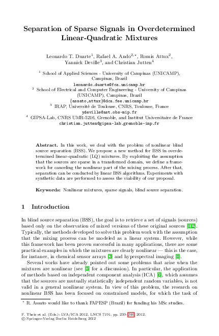 Pdf Separation Of Sparse Signals In Overdetermined Linear Quadratic Mixtures