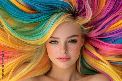 Vibrant Rainbow Colored Hair Spread Across Entire Ground Creating