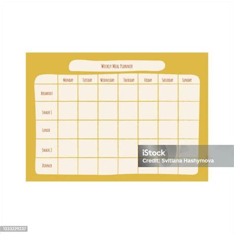 주간 식사 플래너 옐로우 와 아침 식사 간식 점심 저녁 식사 일정 건강한 식품 플래너 템플릿 플래너 벡터입니다 계획에 대한 스톡