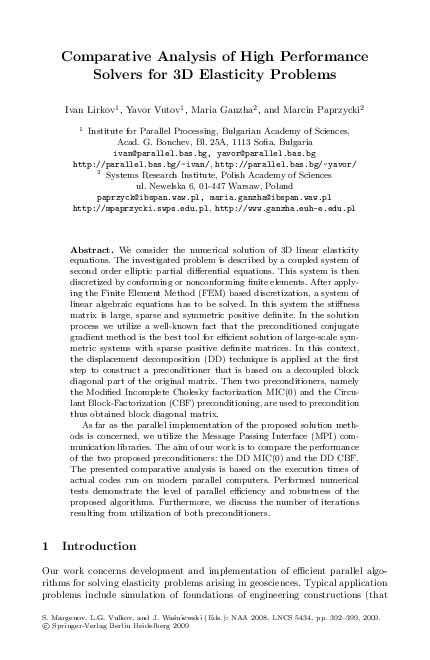 Pdf Comparative Analysis Of High Performance Solvers For 3d Elasticity Problems