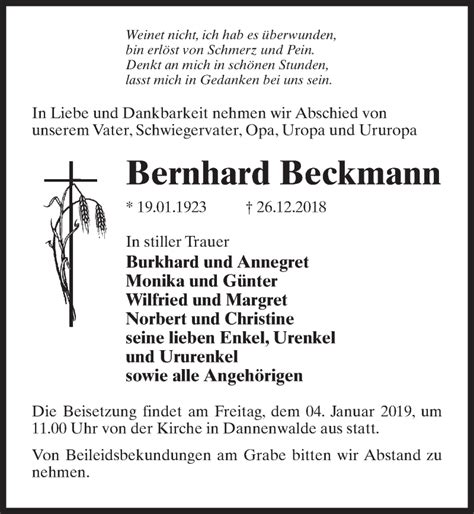 Traueranzeigen Von Bernhard Beckmann Trauer Anzeigen De