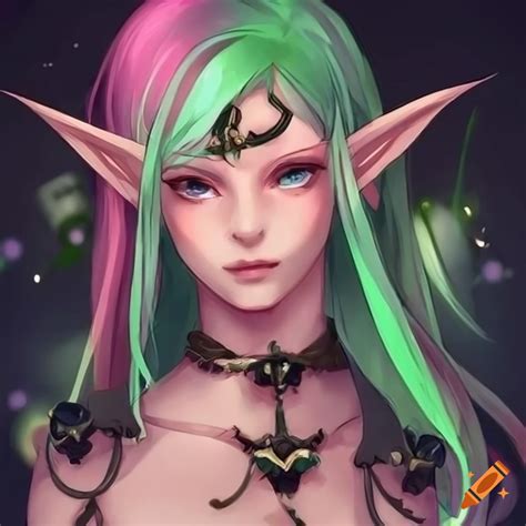 Art Of An Elf Girl With Colorful Hair And A Black Cat On Her Shoulder