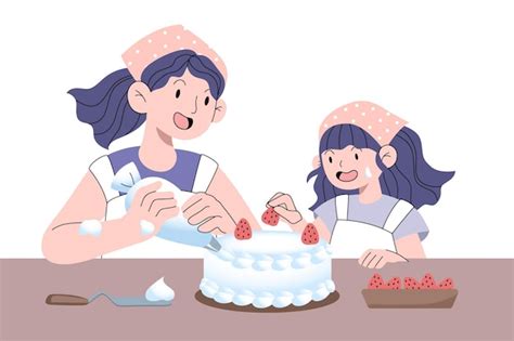 Mãe E Filha Decorando Um Bolo Juntas Vetor Premium