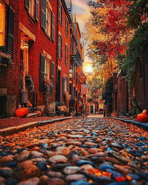 Acorn Street Boston Massachusetts Autumn Scenery Fall Wallpaper