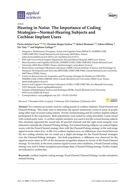 pdf hearing in noise the importance of coding strategies—normal hearing subjects and cochlear