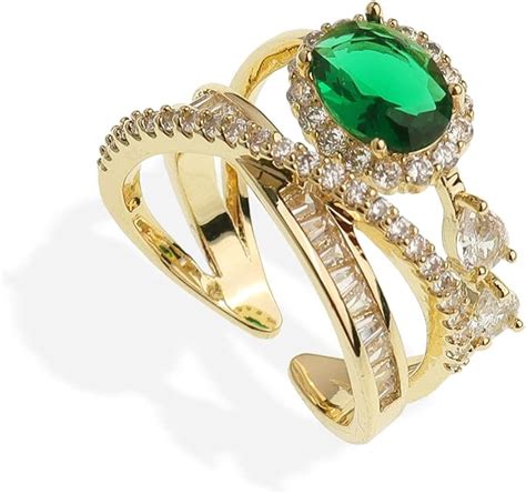 Sonateomber Green Crystal Gold Open Stacking Ring For Women