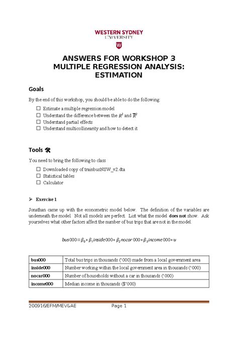 Week 3 Answers To Workshop Exercises Answers For Workshop 3