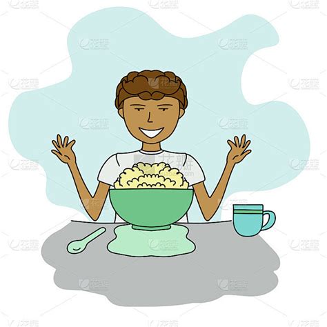 卡通风格的男孩吃早餐和麦片粥的肖像