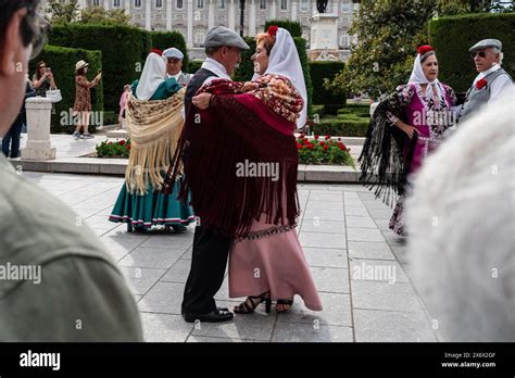 Mature Dancers Dance The Traditional Chotis During The San Isidro