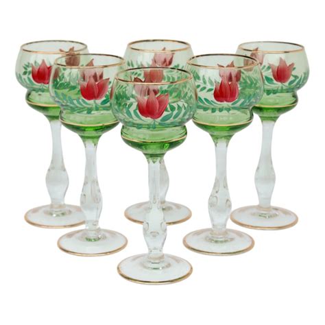 Vintage Italian Wine Glasses With Floral Decoration 1960s Set Of 6