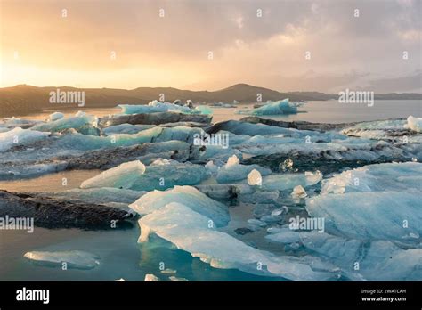 Sunrise Over The Icebergs Of The Jokulsarlon Glacier Lagoon Iceland
