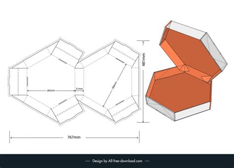 Hexagonal Self Assembly Packaging Template Flat Die Cut 3d Box Outline Vectors Images Graphic