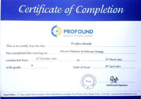 Advance Diploma In Software Testing Certificate Prajkta Hande