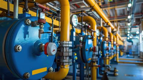 Industrial Gas Processing Facility With Blue And Yellow Pipelines And Pressure Gauges In A