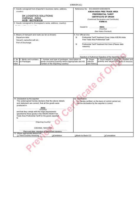 Certificate Of Origin Asean India Free Trade Area Aifta At ₹ 500